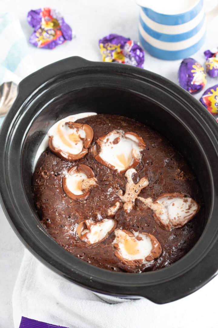 Slow Cooker Chocolate Pudding with Creme Eggs - Effortless Foodie